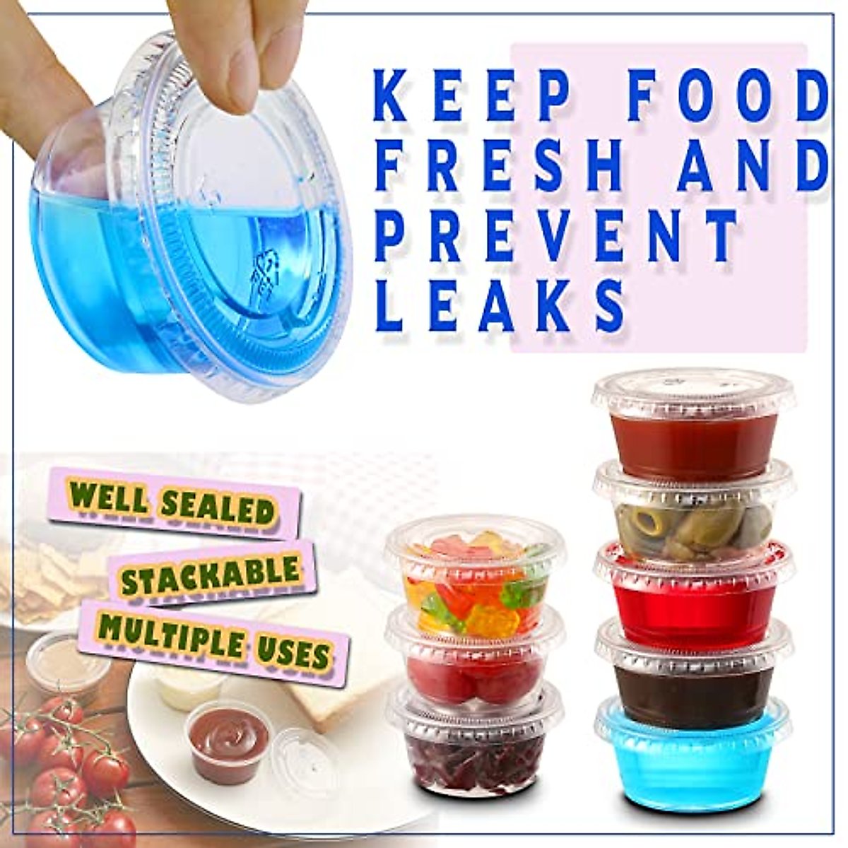 [130 Sets - 2 Oz ] Jello Shot Cups, Small Plastic Containers with Lids, Airtight and Stackable Portion Cups, Salad Dressing Container, Dipping Sauce Cups, Condiment Cups for Lunch, Party to Go, Trips