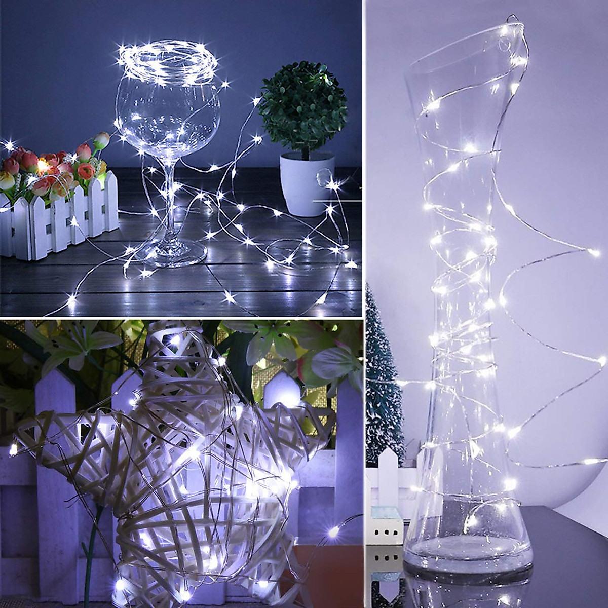 WSgift 4 Pack 33Ft 100 Cool White Led Fairy Lights Battery Operated with Remote Control Timer Waterproof Silver Copper Wire Twinkle Lights