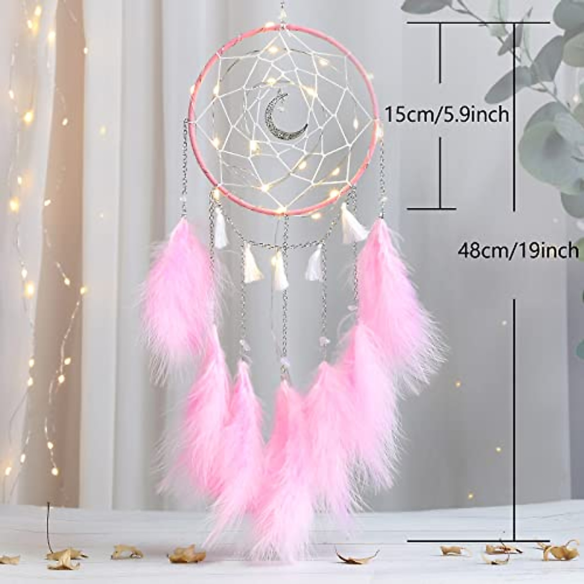 Nice Dream Pink Dream Catchers, Room Nursery Decor for Girls Boys, Handmade Feather Wall Decor with Lights, Home Ornaments Craft Gift for Bedroom