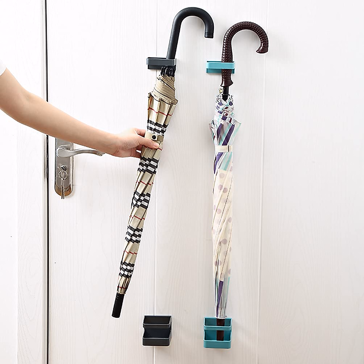 Teensery 2 Pcs Self-Adhesive Wall Mounted Umbrella Holder Multi-Purpose Storage Organizer for Wall Door (Dark Grey, Beige)