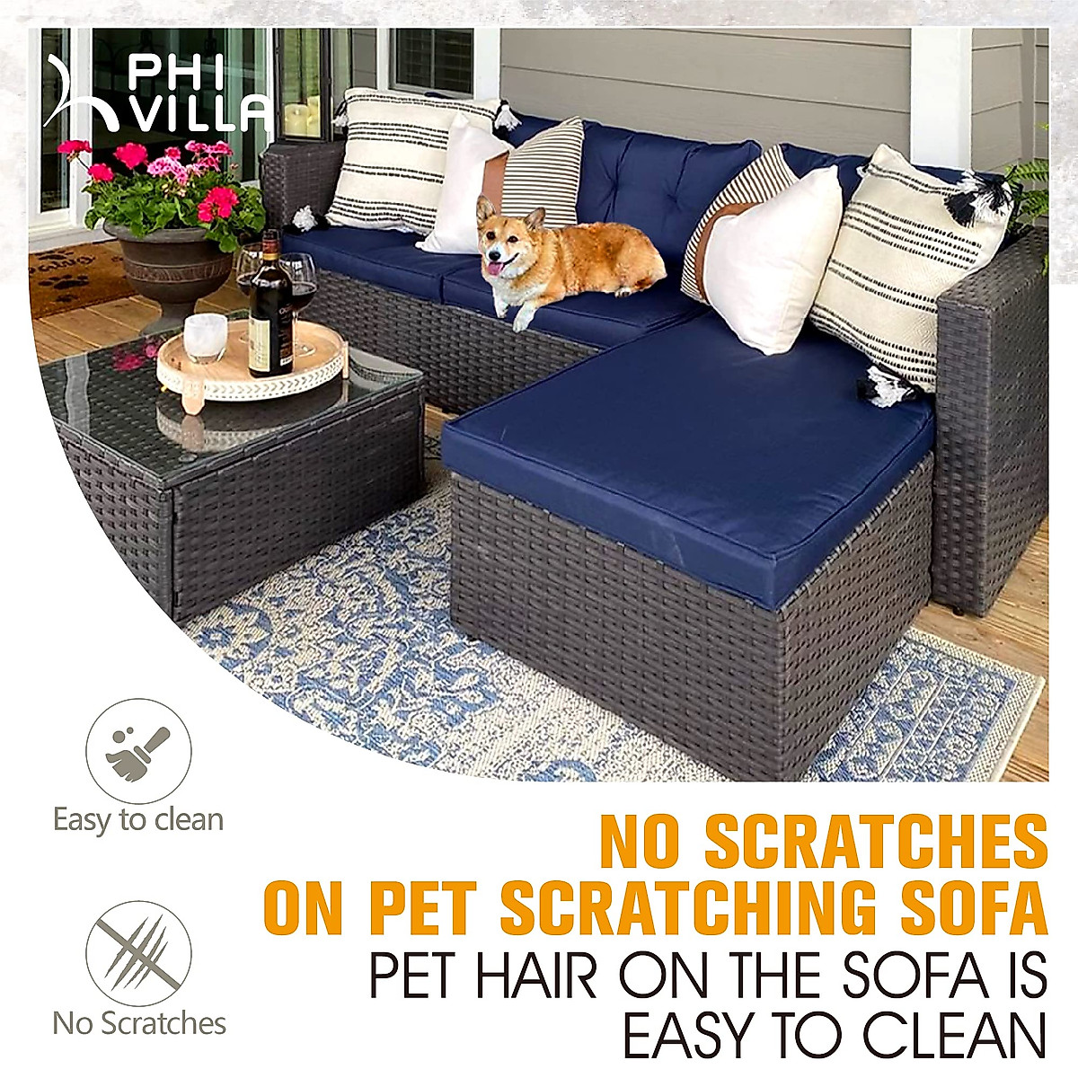 PHI VILLA Outdoor Patio Rattan Sectional Sofa- Patio Wicker Furniture Sofa Set 5-Piece, Blue