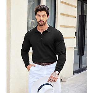 COOFANDY Men's Knit Polo Shirt Long Sleeve Vintage Golf Shirt Lightweight Sweater Black