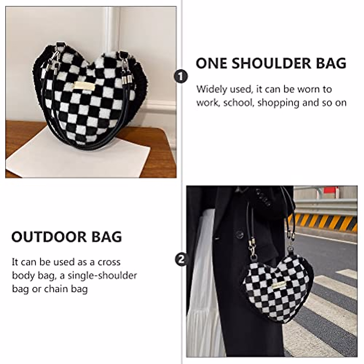 LUOZZY Lattice Pattern Plush Tote Bag Fashion Shoulder Bag Women Cross Body Bag for - Black and White Checkered