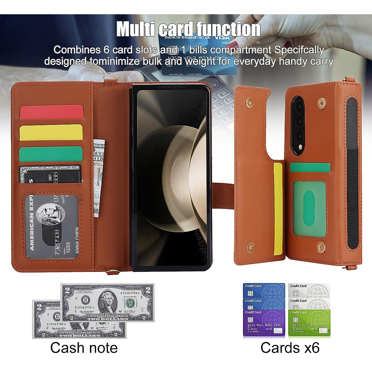 Compatible with Samsung Galaxy Z Fold 5 5G Wallet Case, Luxury Fashion PU Leather Case with S Pen Holder Card Holder Pocket Crossbody Lanyard Wrist Strap Kickstand, Phone Case for Women Girls Brown