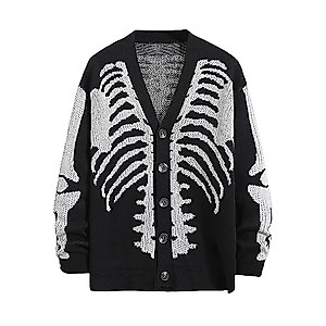 SHENHE Men's Skeleton Print Long Sleeve Cardigan Sweaters V Neck Button Down Outwear Coats Black L