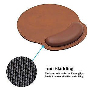 Meffort Inc Leather Mouse Pad with Wrist Rest Support & Non-Slip Base, Durable Ergonomic Gaming Mousepad - (Round, Brown)