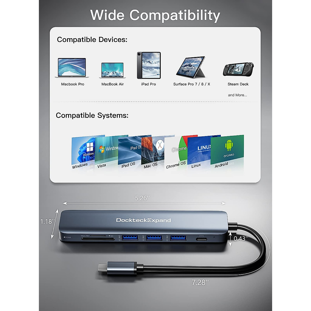 USB C Hub, DockteckExpand 7 in 1 USB-C Multiport Adapter with 4K HDMI, 100W Power Delivery, 3 USB 3.0 Ports, SD/TF Card Reader, for MacBook Pro/Air, iMac, iPad Pro, Surface Pro 7/8, XPS, HP and More