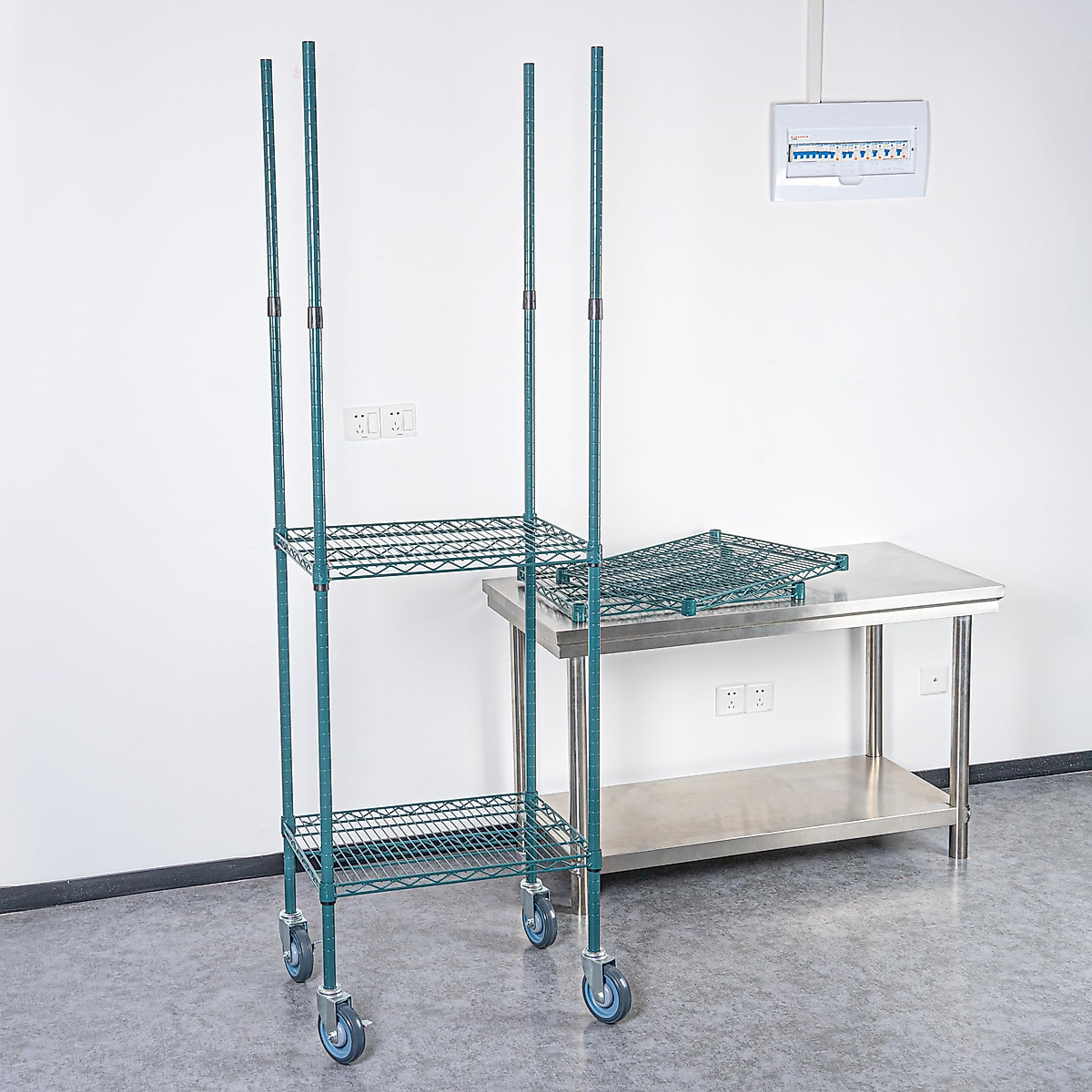 Restaurantware - SHELVING POSTS ONLY: RW Base 74 Inch Mobile Shelving Posts, 4 NSF Certified Epoxy Shelving Poles - Shelves And Casters Sold Separately, No Corrosion, Green Steel Wire Shelving Poles
