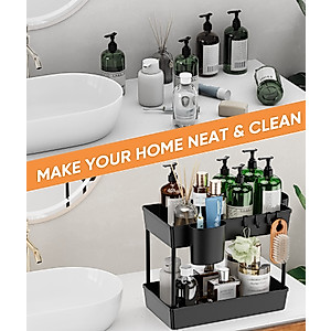 Under Sink Organizer, 2 tier Kitchen Under Cabinet Countertop Organizers Storage Rack Basket with 5 Hooks and 2 Hanging Cup for Bathroom, Kitchen, Pantry (1)