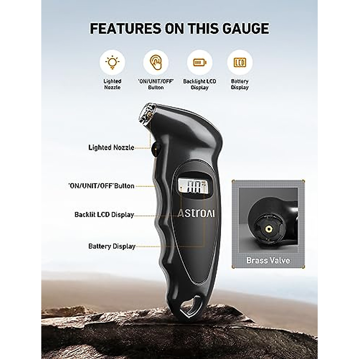 AstroAI Digital Tire Pressure Gauge with Replaceable AAA Batteries, 150 PSI 4 Settings Stocking Stuffers for Car Truck Bicycle Backlit LCD Non-Slip Grip Car Accessories, Black