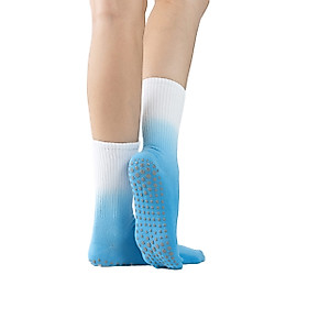 Yoga Socks with Grips for Women Non Slip Colorful Gradient Tie Dye Cushioned Crew Socks for Pilates Barre Ballet Dance (Blue)
