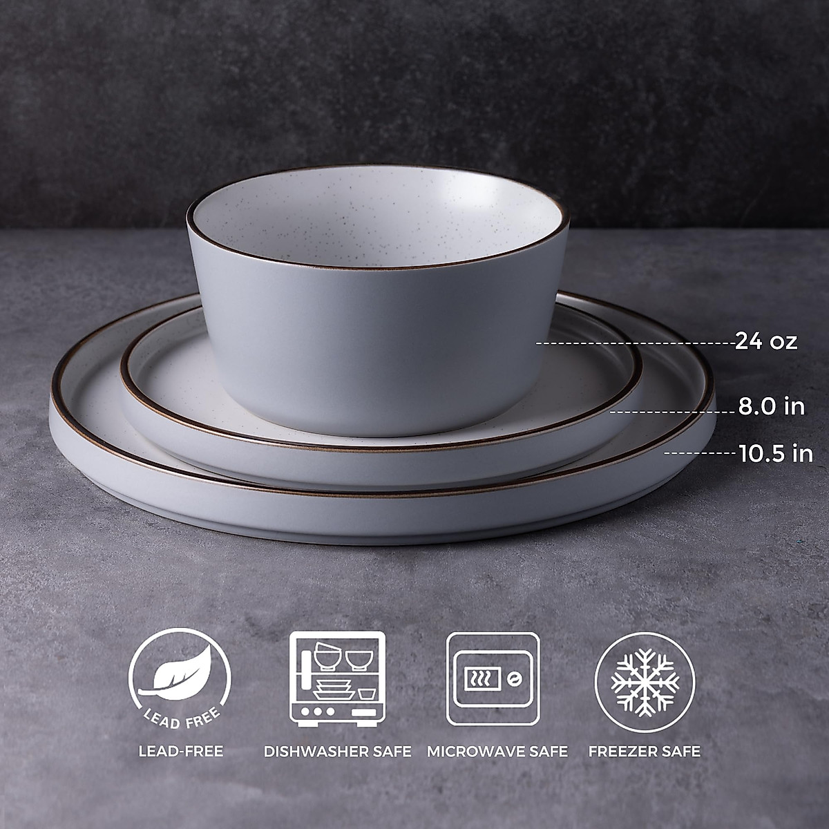 AmorArc Dinnerware Sets of 4,Modern Stoneware Plates and Bowls Sets,Chip and Crack Resistant | Dishwasher & Microwave Safe Ceramic Dishes Set,Service for 4 (12pc)-Speckled & Matte Grey