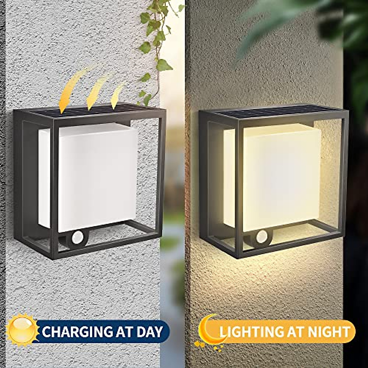 URORU Solar Porch Lights, Outdoor Motion Sensor Waterproof Wall Light, Square Wall Lights Exterior 300Lumens 3000K(Warm White), Suitable for Yards, Porches, Fences, Barns and Patios