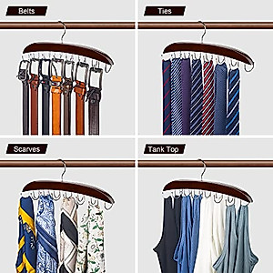 Belt Hanger, 14 Hooks Belt Holder for Closet, Wooden Tie/Belt Rack for Storage, 360°Rotating Belts Organizer for Closet Space Save Organizer for Tie, Tank Top, Scarf-Walnut Wood with Chrome Hooks