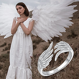Hioed 925 Sterling Silver Feather Angel Wings Ring Adjustable Dainty Wrap Open Rings for Women