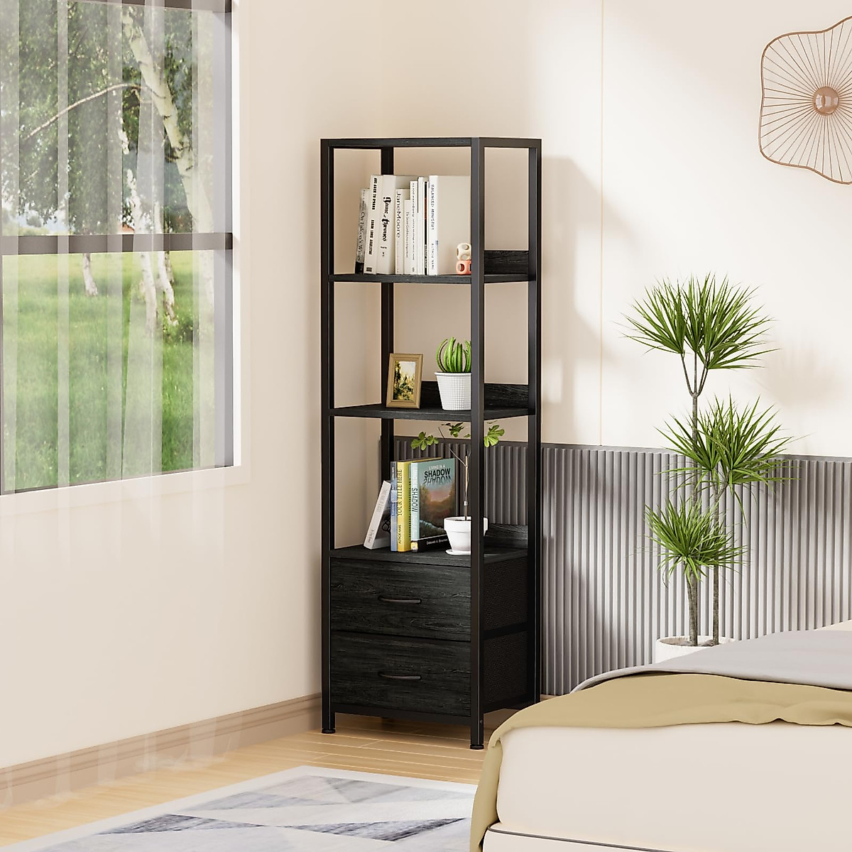 Furnulem 4-Tier Corner Shelf, Bookshelf with 2 Storage Drawers, 57.28”Tall Narrow Bookcase, Standing Shelf Organizer Unit for Living Room, Bedroom, Metal Frame, Wood Display Shelf