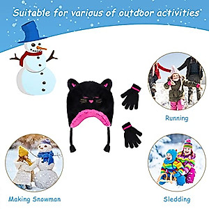 Toddler Cat Ear Winter Hat and Gloves for Girls, Fleece Lined Hat & Kids Mittens Set for Ages 4-7 Black