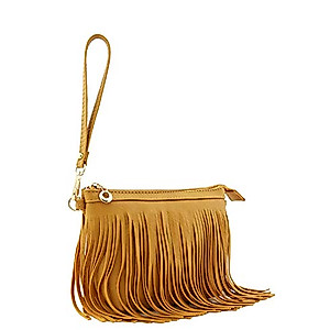 FashionPuzzle Small Fringe Crossbody Bag with Wrist Strap (Dark Mustard)