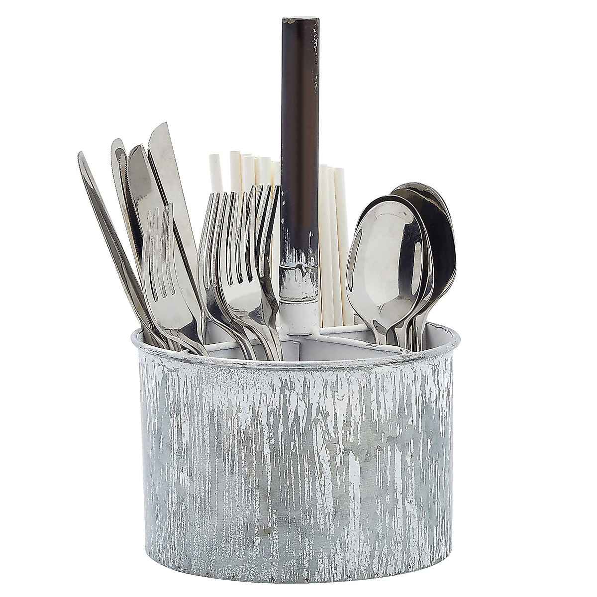 Kitchen Utensil Holder for Countertop with 4 Compartments, Galvanized Flatware Caddy (6 x 11 In)