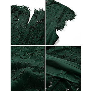 MEROKEETY Women's Sleeveless Lace Floral Elegant Cocktail Dress Crew Neck Knee Length for Party, Dark Green, Large