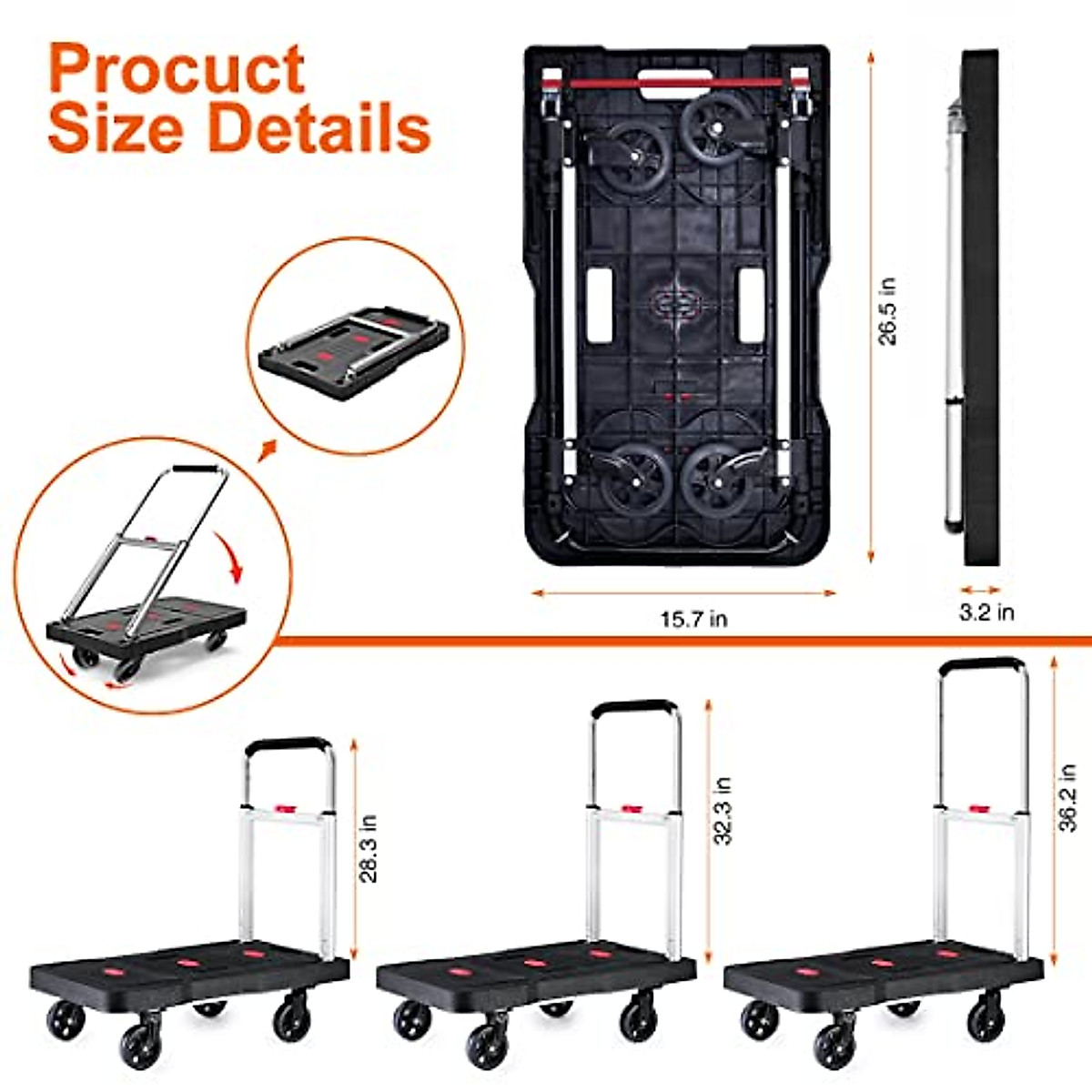 Double Rhombus Folding Hand Truck Platform Truck 330 Lbs Heavy Duty Dolly Cart with Wheels, Fully Folded Push Cart, Portable Trolley Utility Cart for Easy Storage, Garage Moving Shopping Home Office