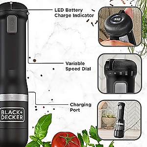 BLACK+DECKER Kitchen Wand Cordless Immersion Blender, 3 in 1 Multi Tool Set, Hand Blender with Charging Dock, Whisk and Food Chopper, Black (BCKM1013K10)