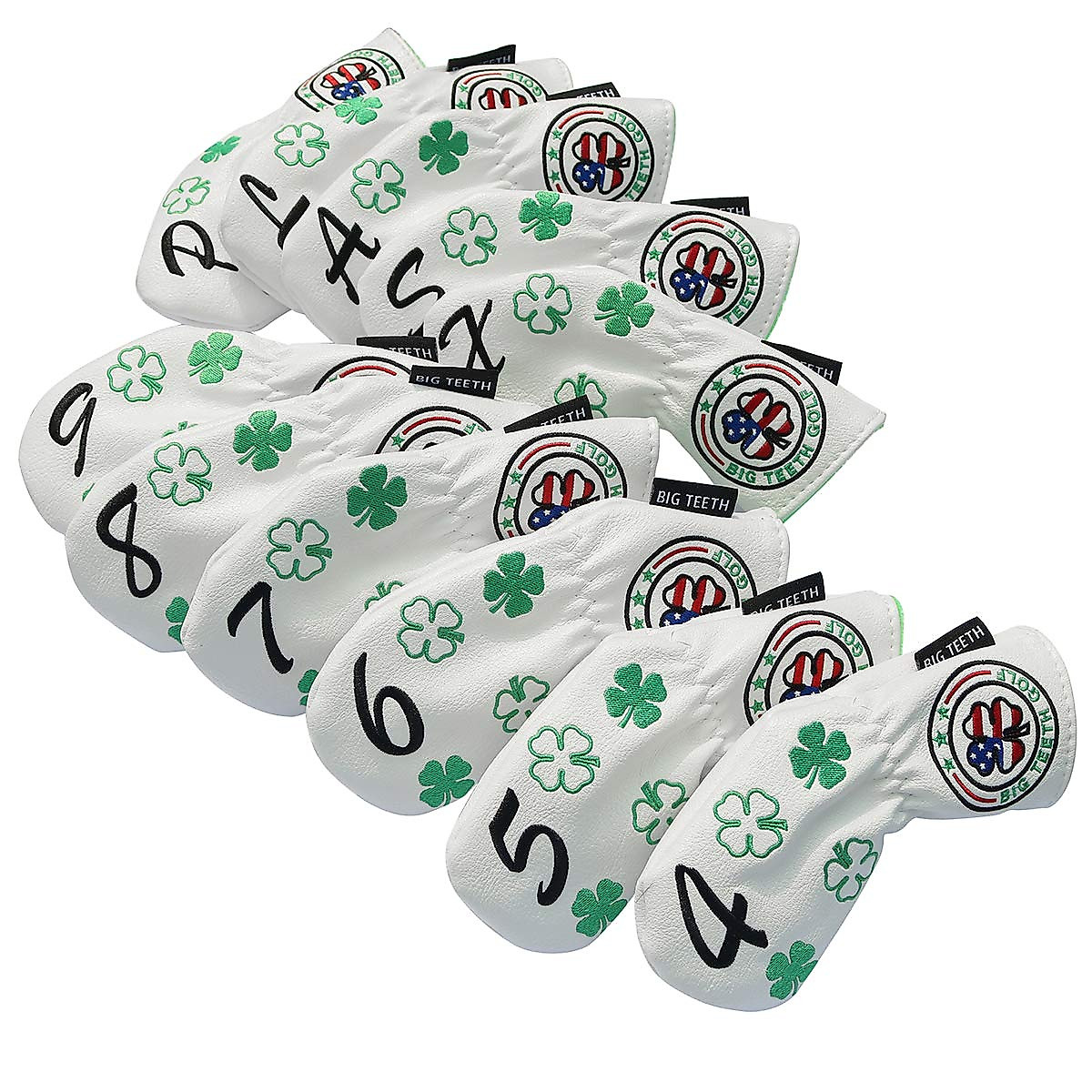 Big Teeth Golf Iron Covers Iron Head Covers, Lucky Clover Iron Covers Long Neck Golf Iron Head Covers, 11Pcs Golf Iron Covers Set Golf Club Covers for Irons Fit Taylormade SIM Cleveland Callaway Etc
