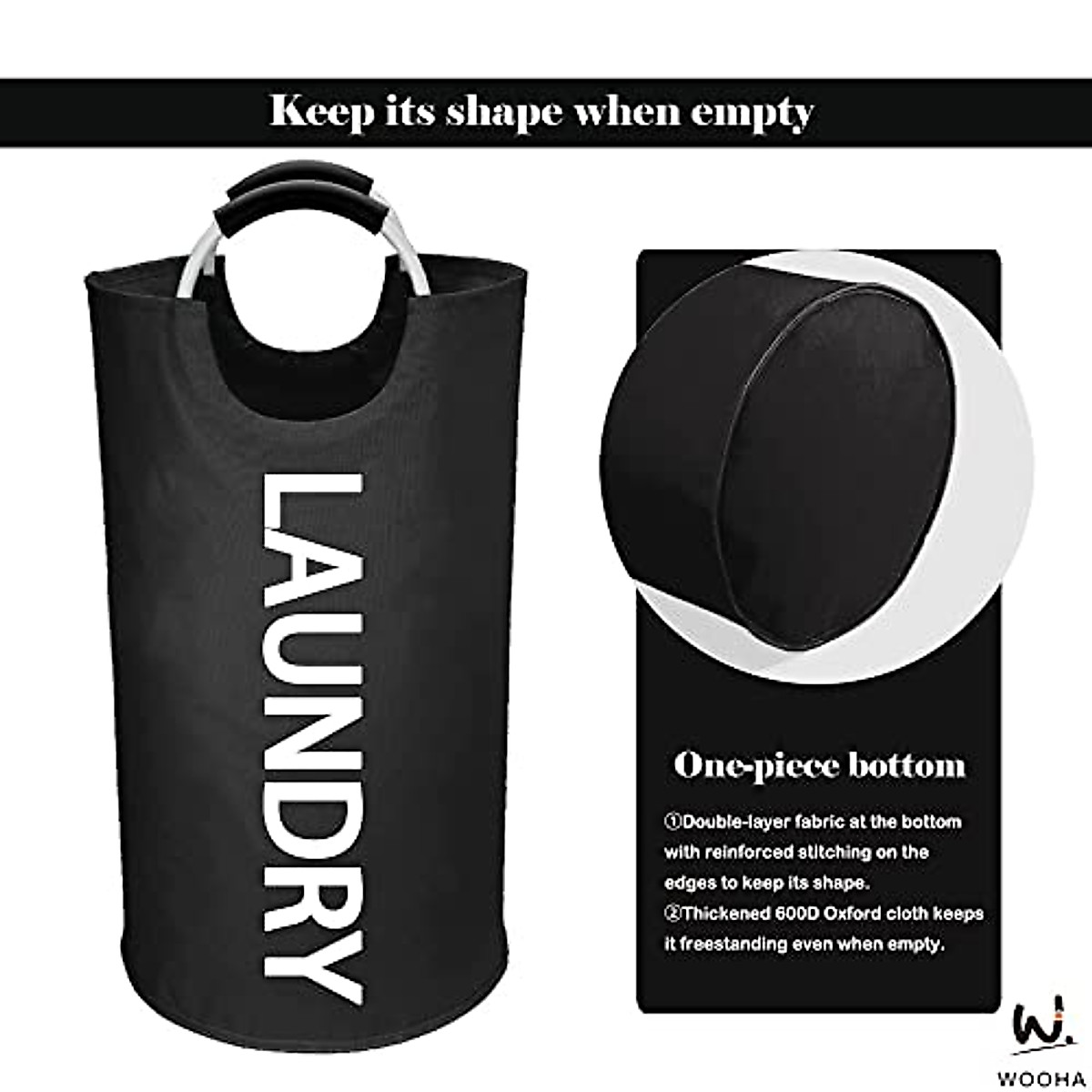 WOOHA 90L Large laundry basket,Collapsible laundry hamper, Tall Clothes Baskets Folding Washing Bin Foldable Fabric Hamper Bags for Bedroom, Closet,Bathroom,College,laundry bag, black