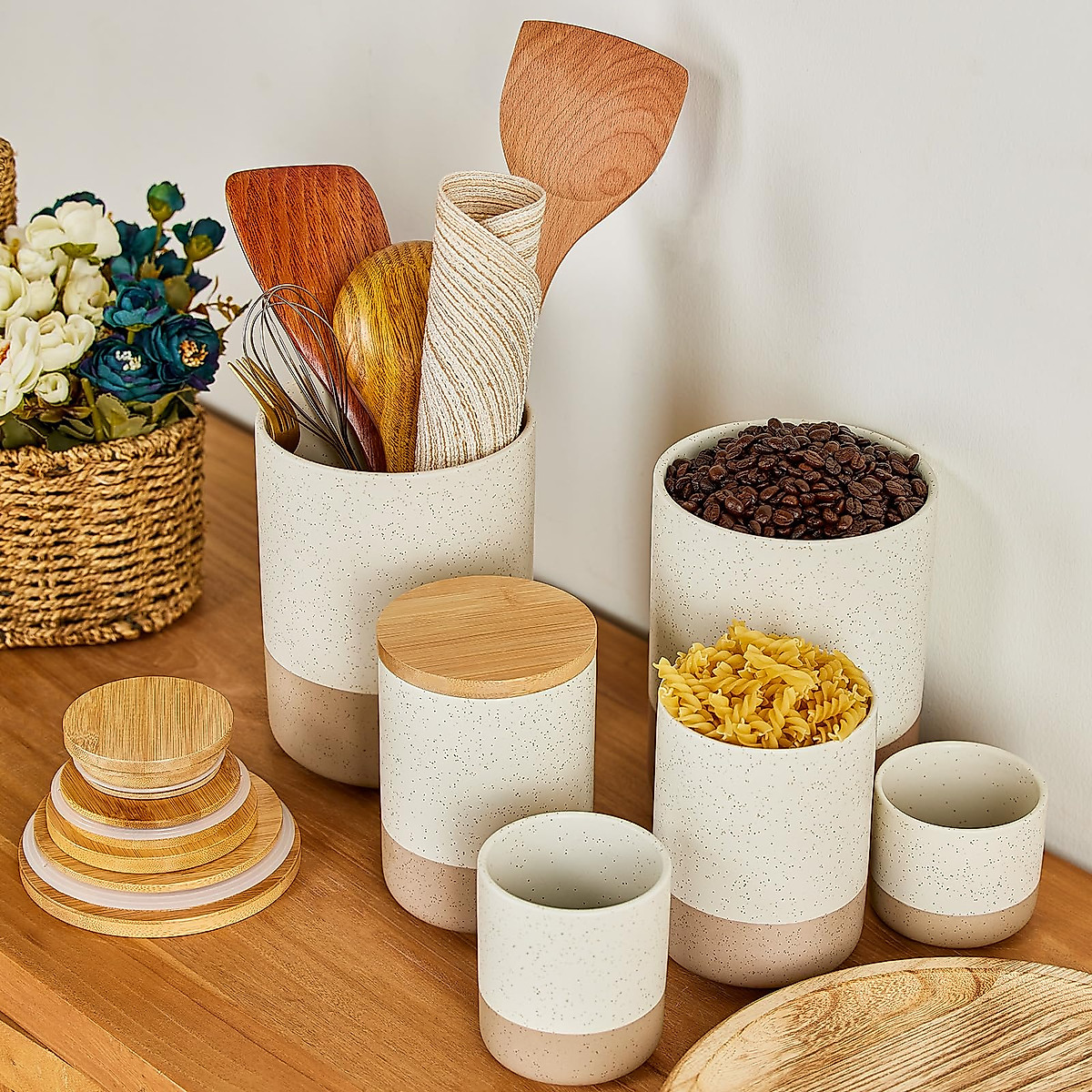 Yangbaga Canisters Sets for Kitchen Countertop-Set of 4 Ceramic Kitchen Canisters Food Storage Jar with Airtight Bamboo Lids & Spoons & Label,Large Flour and Sugar Containers for Serving Ground Coffee