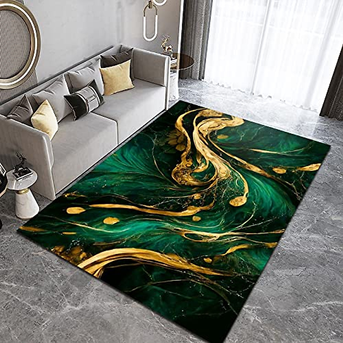WJJFA Green Gold Ink Area Rug, Abstract Decorative Living Room Rug, Dining Room Rug Soft Washable Comfortable for Dormitory Apartment Balcony Sofa-5ft×8ft