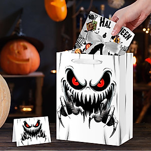 13" Large Halloween Paper Gift Bag Trick or Treat Gift Bag with Card Tissue Paper White Ghost Wrapping Paper Bag Halloween Candy Bag for Halloween Party Decorations Holiday Birthday Favors Supplies