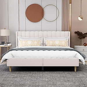 AGARTT Upholstered Platform Bed Frame King Size with Headboard and Footboard/Wooden Slats Support/No Box Spring Needed/Easy Assembly, Beige Velvet