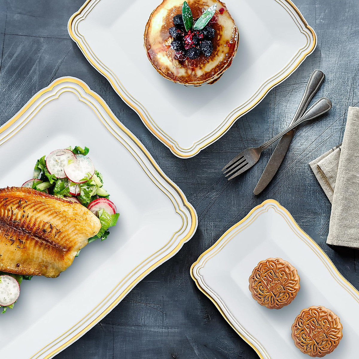 Posh Setting Plastic Serving Tray White Plastic Tray with Gold Rim Border, Disposable Serving Trays Heavyweight Serving platters and Trays 9"x13" Appetizer Tray [6 Pack]