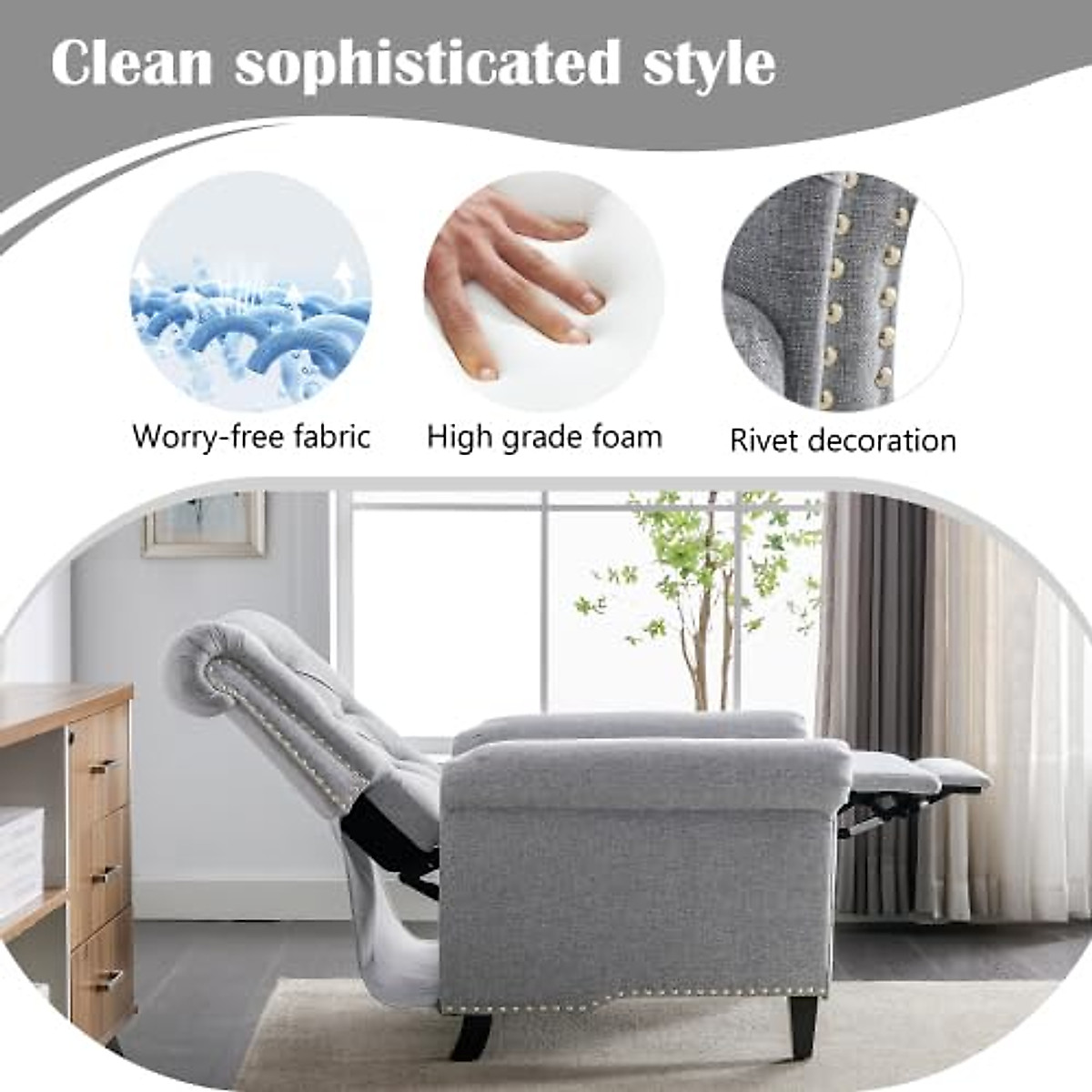 New Recliner Chair for Living Room, Fabric Massage Recliner Chair Winback Single Sofa Home Theater Chairs Adjustable Modern Reclining Chair with Padded Seat Backrest for Adults (Gray)