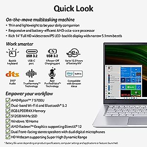 Acer Swift 3 Ultra Light Laptop AMD Ryzen 7 5700U 8-Core Processor 8GB DDR4 512GB NVMe SSD WiFi 6 Backlit Keyboard Fingerprint Reader HDMI Windows 11 (SF314-Renewed)