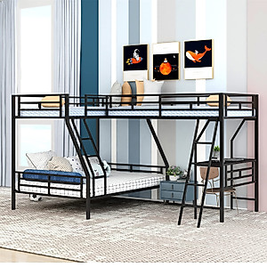 Triple Bunk Beds Twin Over Full Bunk Bed Attached a Loft Bed with Desk L-Shape Triple Loft Bed Metal Frame for Dorm, Boys & Girls Teens Kids Adults, Black