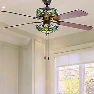 RIVER OF GOODS Stained Glass Magna Carta LED Ceiling Fan - 52" L x 52" W - Tiffany Style - Flush Mount Ceiling Fan with Remote - Teal