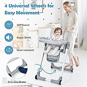 BABY JOY Baby High Chair, Folding Highchair w/ 4 Wheels, One-Step Brake, Removable Double Trays, Detachable PU, Flip-up Armrests, Adjustable Height, Backrest & Footrest for Infants & Toddlers (Gray)