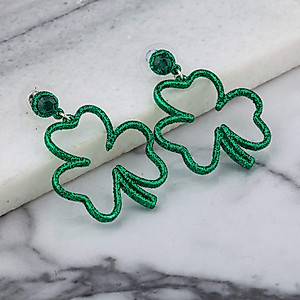 Lux Accessories Glittery Grainy Green Colored Clover Silvertone Lock Dangle Earrings