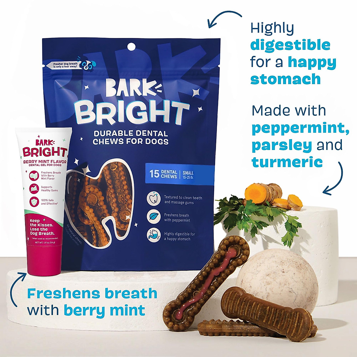 Bark Bright Durable Dental Kit - Berry Mint Flavored - 15 Chew Sticks & Toothpaste - Small Breeds