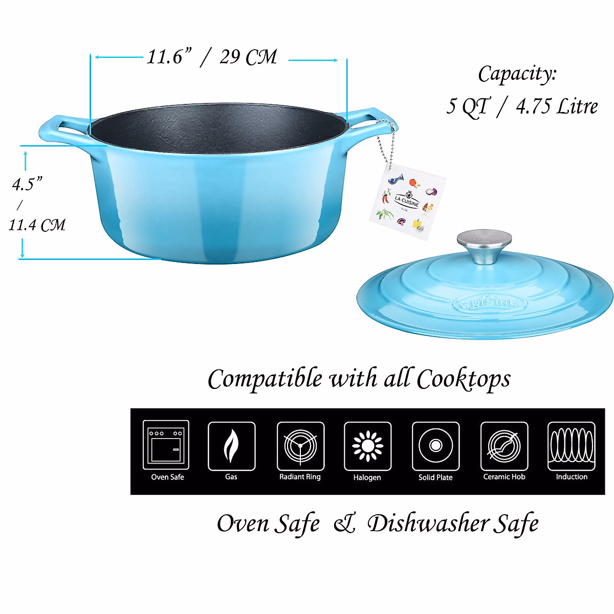 La Cuisine Enameled Cast Iron Oval Dutch Oven Casserole Pot with Lid 5 QT Matte Black Enamel Interior, Teal Porcelain Enamel Coating Finish Exterior