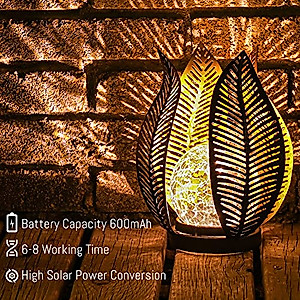 Garden Solar Lights Pathway Outdoor Palm Leaf Crackle Glass Globe Metal Flower Lights,Waterproof Garden Lights Decorations for Tabletop Patio Yards Walkway Party