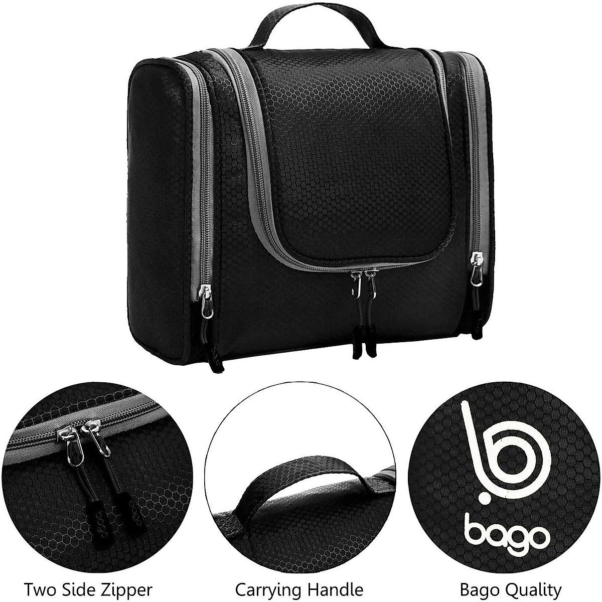 bago Travel Toiletry Bag for Women and Men - Large Waterproof Hanging Large Toiletry Bag for Bathroom and Travel Bag for Toiletries Organizer -Travel Makeup Bag (Black)