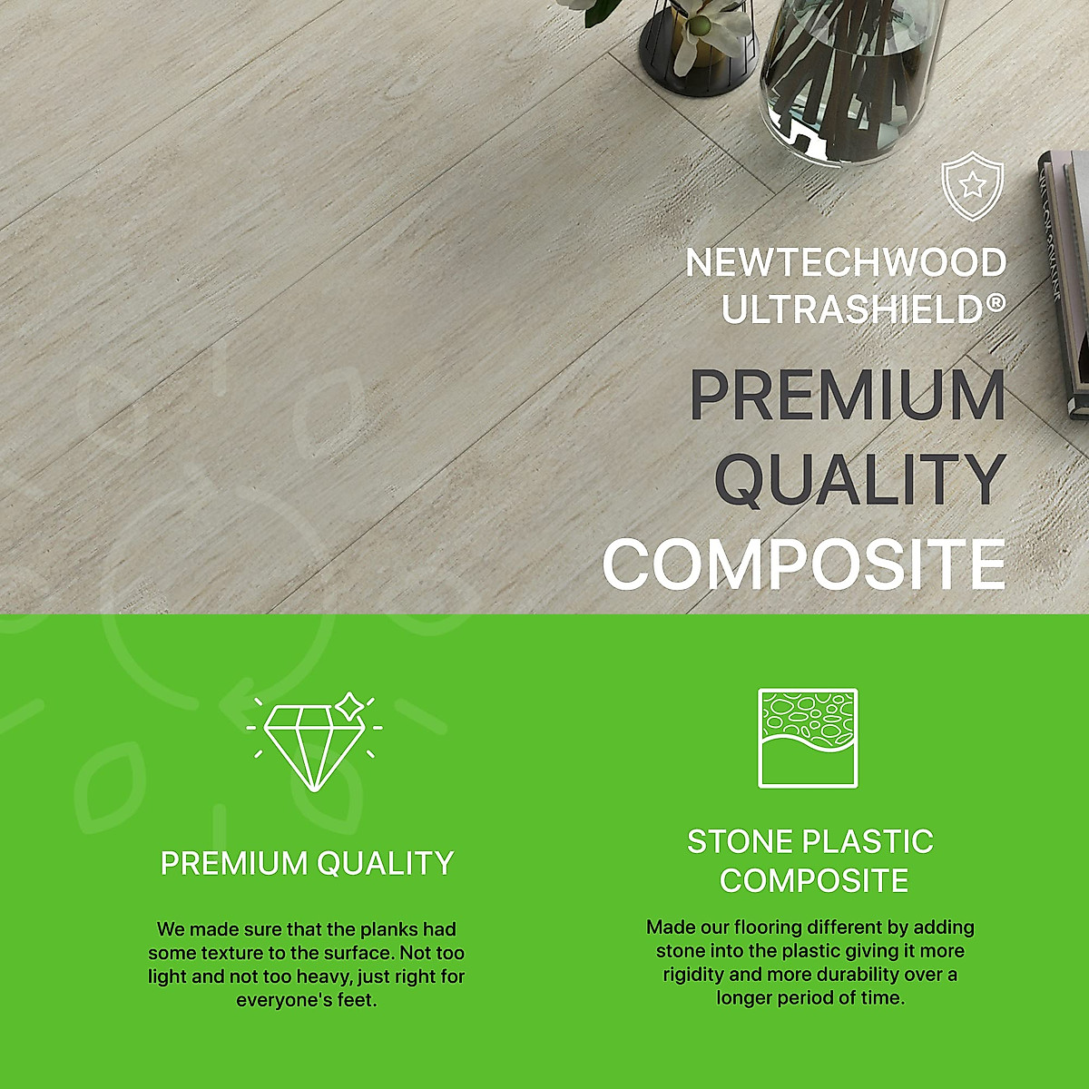 NewTechWood - EverLux Flooring, SPC Vinyl Plank Flooring, Home Decor Bedroom Interlocking Deck Planks, Planet-Conscious Room Flooring, Clamshell Gray, 8.75 x 72 inches, Set of 4 - Sample