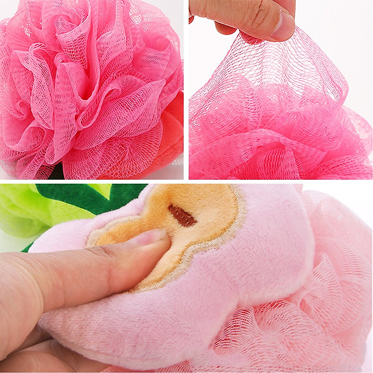 3 Pack Shower Sponge Poufs/Mesh Bath Loofahs Ball, Body Cleaning Washing Scrubber / 2 in 1 Cute Fruits Shaped Bathroom Bubbler Accessory for Dry Skin Exfoliating, Cellulite, Massage