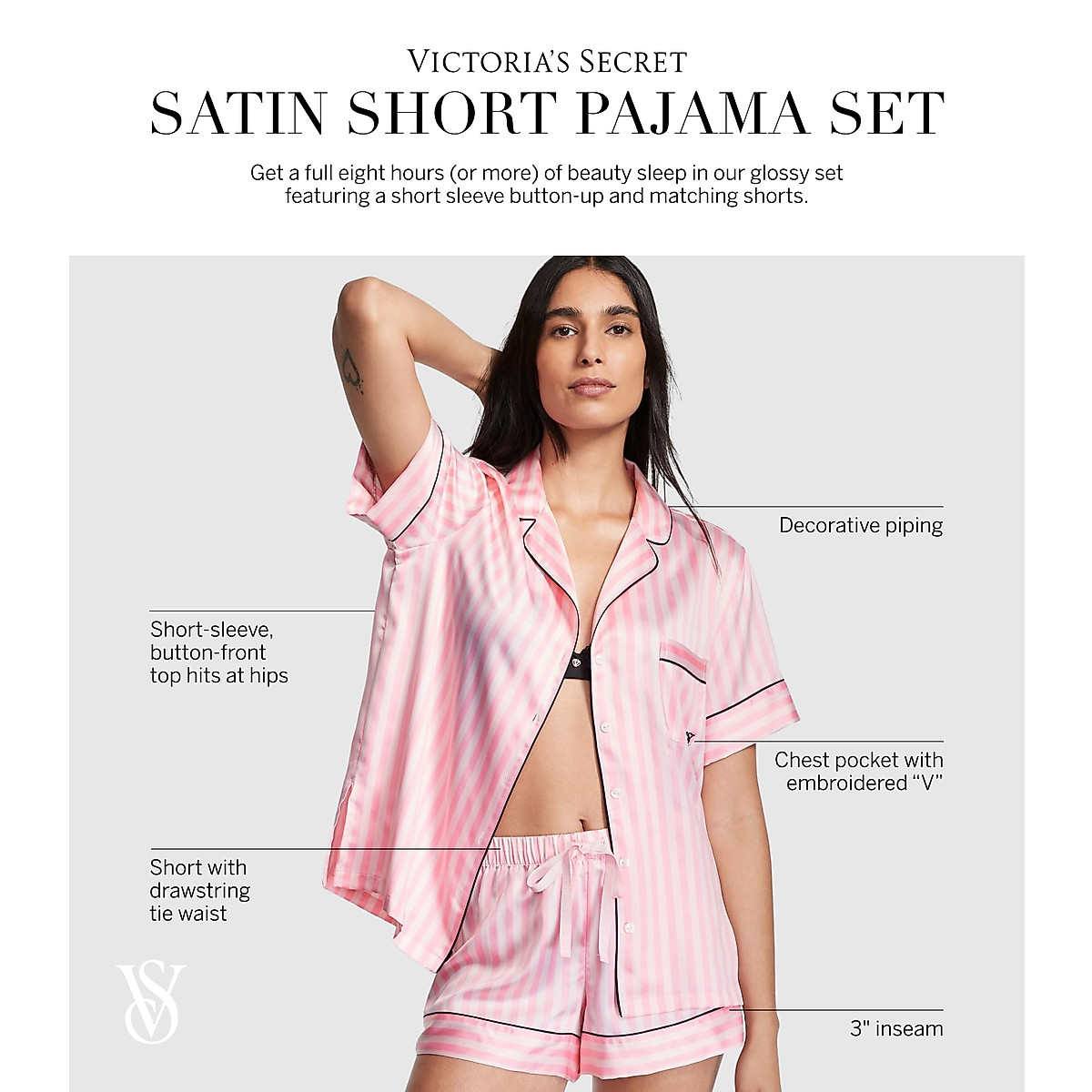 Victoria's Secret Satin Short Pajama Set, Silk Pajamas, PJ Set for Women, 2 Piece Lounge Set Silk PJs, Women's Sleepwear, Pink (XL)