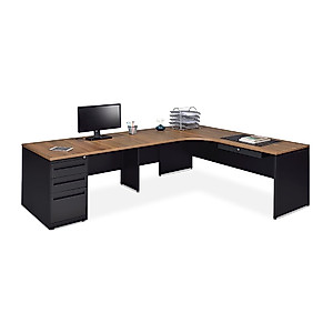 NBF L Shaped Executive Office Desk - Durable Laminate Computer Desk with Three Drawers - Modern Desk with Storage and File Cabinet - 72" Wx 96" D Work Desk for Working Home (Gray, Maple)