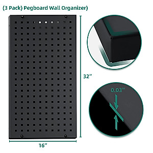 YITAHOME Garage Metal Pegboard Panels 3Pcs, Pegboard Storage System for Wall Utility Tools, Workbench, Shop, Shed Modular Peg Board Organizer Board Kit, Black