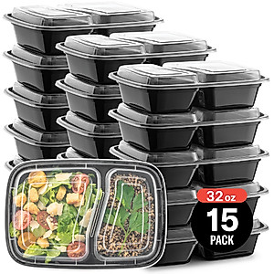 15-Pack Meal Prep Plastic Microwavable Food Containers meal prepping & Lids."{24 OZ.}" Black Rectangular Reusable Storage Lunch Boxes -BPA-free Food Grade- Freezer Dishwasher Safe -"PREMIUM QUALITY"