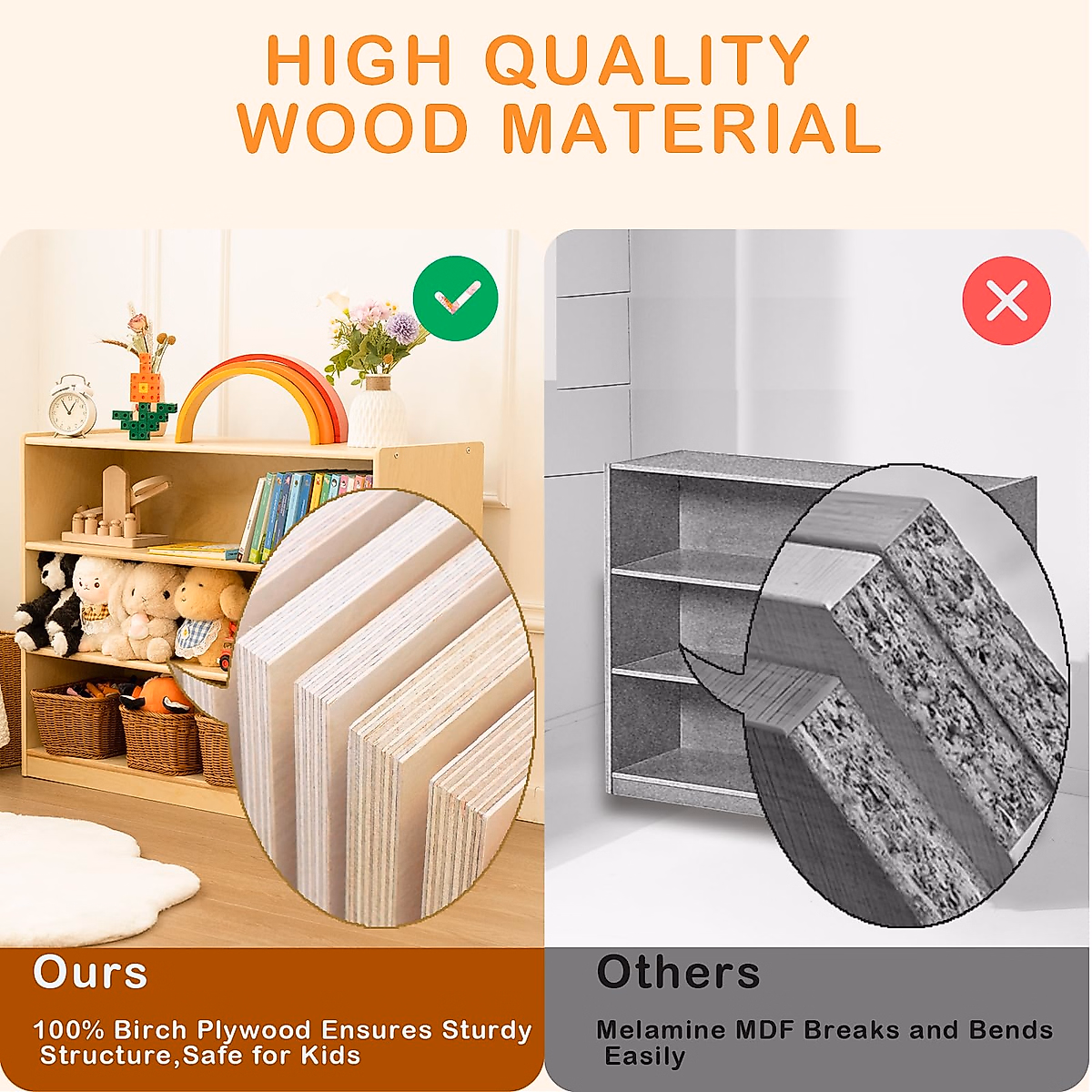 kidi house Kids Bookshelf and Toy Storage Shelf, Wooden Montessori Bookshelf, 3-Tier Toy Shelf, 30in Birch Children Bookcase, Classroom Furniture, Book Shelf for Kids Room, Nursery, Playroom